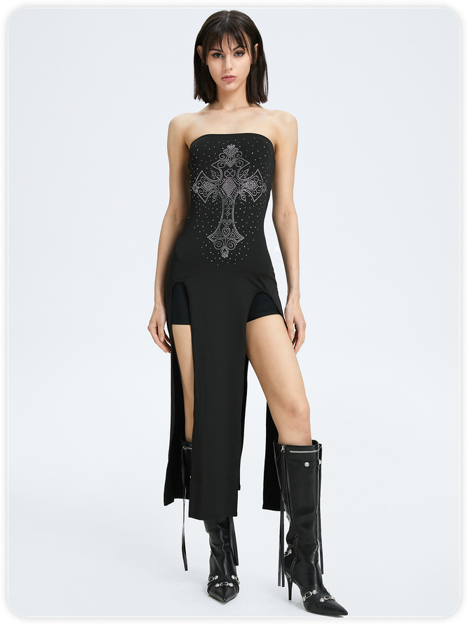 Street Black Side Slit Hotfix Rhinestone Top Women Tops | kollyy